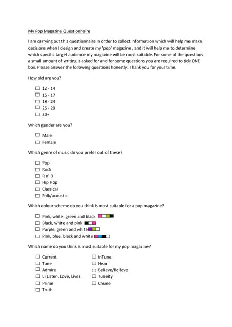 Pop magazine questionnaire