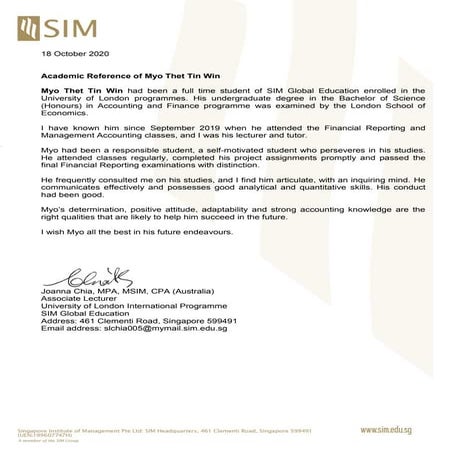 Myo thet tin win reference letter | PDF