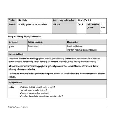 MYP 5 Physics Unit Plan- Electricity Transmission and Generation | DOCX