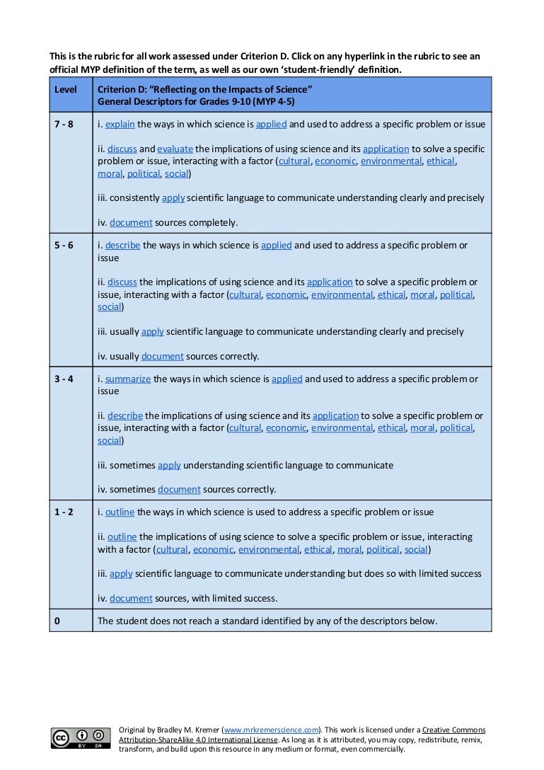 MYP Science Year 4-5 Criterion D Rubric