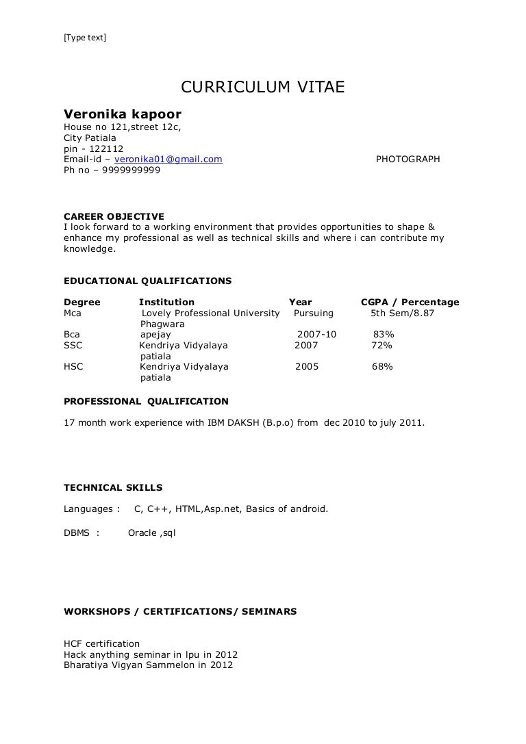 Standard Format For Resume