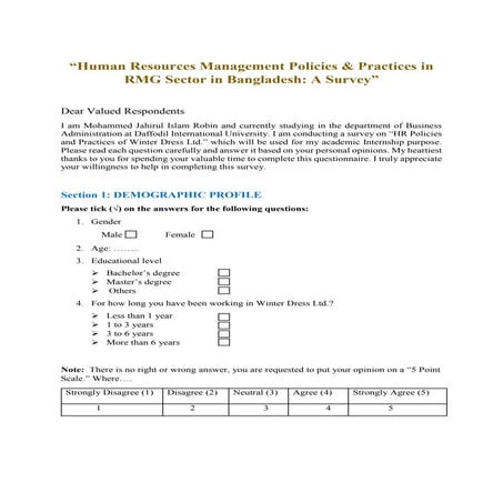 Survey Questionnaire on HRM (Sample) | PDF