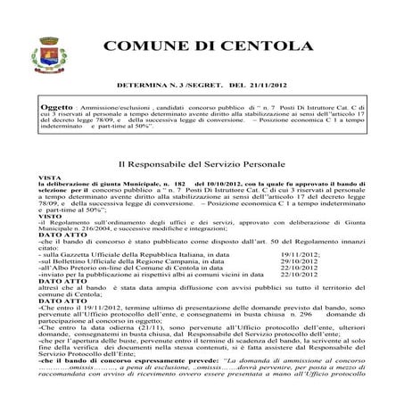 Comune di Centola - Gli ammessi al concorso per 7 posti di cui 3 ...