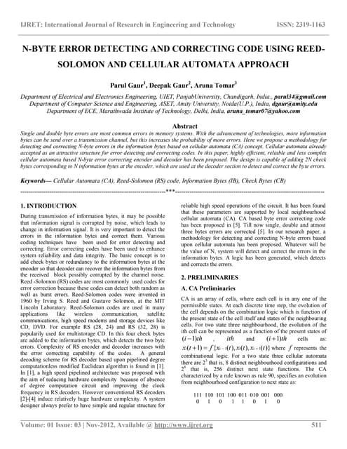 N Byte Error Detecting And Correcting Code Using Reed Solomon And Cellular Automata Approach Pdf