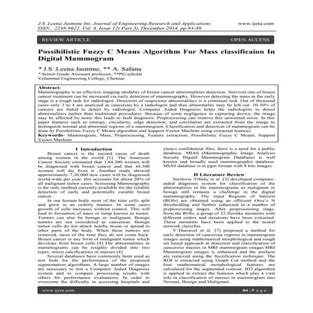 Possibilistic Fuzzy C Means Algorithm For Mass Classificaion In Digital Mammogram Pdf