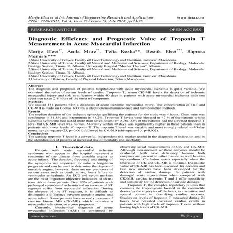 Diagnostic Efficiency and Prognostic Value of Troponin T Measurement in ...