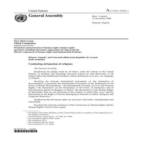 COMBATING DEFAMATION OF RELIGIONS : REVISED DRAFT RESOLUTION | PDF