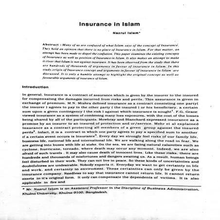Research Article on 'Insurance in Islam' | PDF