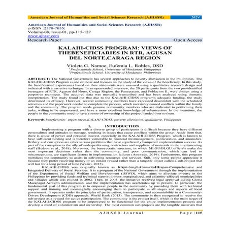 KALAHI-CIDSS PROGRAM: VIEWS OF THEBENEFICIARIES IN RTR, AGUSAN DEL ...