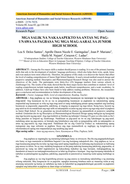 “Mga Salik na Nakaaapekto sa Pagkatuto ng Mag-aaral sa Asignaturang Filipino” | PDF