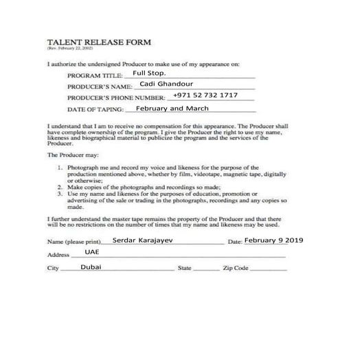 Talent Release Form 1 | DOCX
