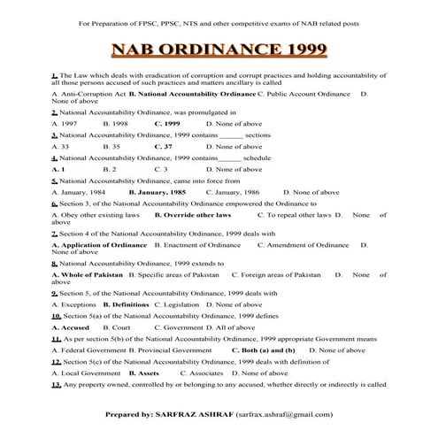 NAB Ordinance 1999 MCQs | PDF
