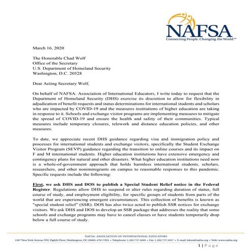 Nafsa letter to dhs regulatory issues and covid19 | PDF