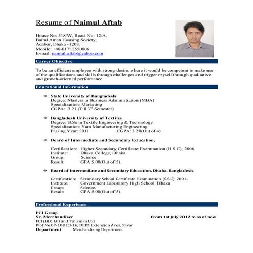 Naimul aftab cv | PDF | Business | Business and Finance