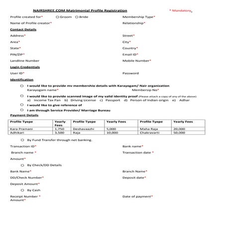 Nair shree matrimonial profile registration form ver 2.0 | PDF