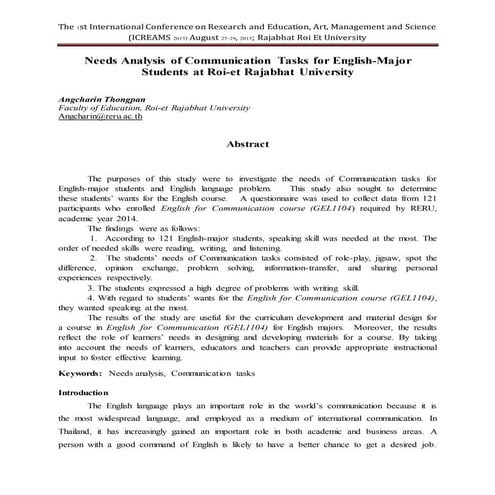 Needs Analysis of Communication Tasks for English-Major Students at Roi ...