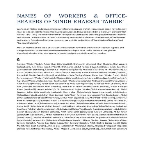 Names of workers & Office-bearers of "Sindh Khaksar Tahrik" | PDF
