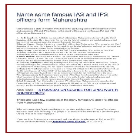 Name some famous IAS and IPS officers form Maharashtra | PPT