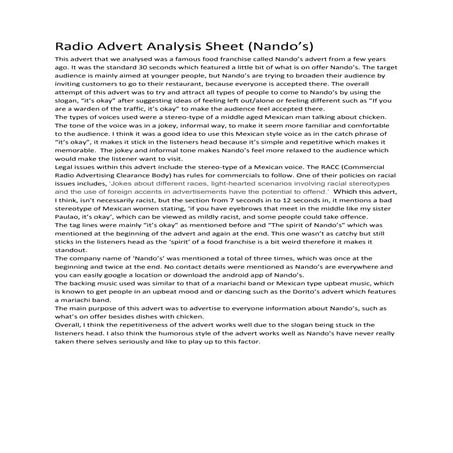 Nando's radio advert analysis sheet | DOCX