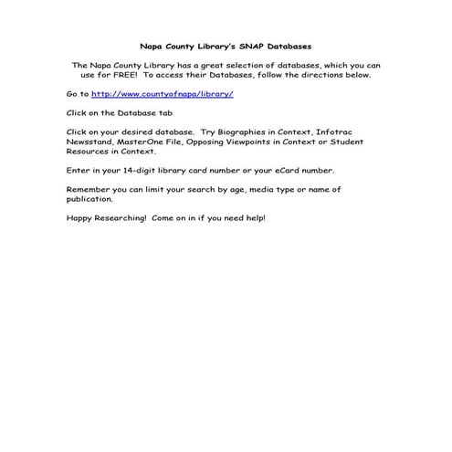 Napa county library’s snap databases | DOCX