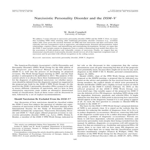 Narcissistic personality disorder and the dsm–v --miller ...