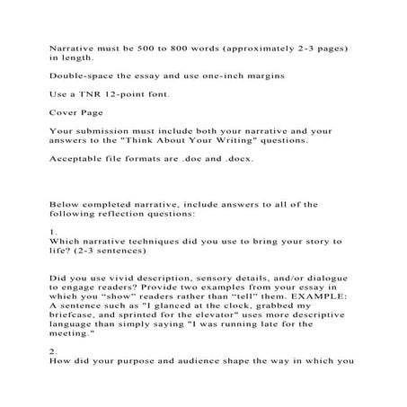 Narrative must be 500 to 800 words (approximately 2-3 pages) in leng.docx