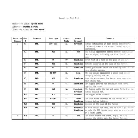 Narrative Shot List | DOCX