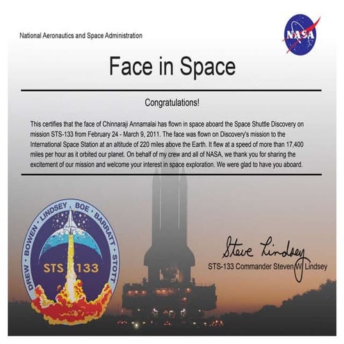 NASA Certificate for My "Face in Space" | PDF
