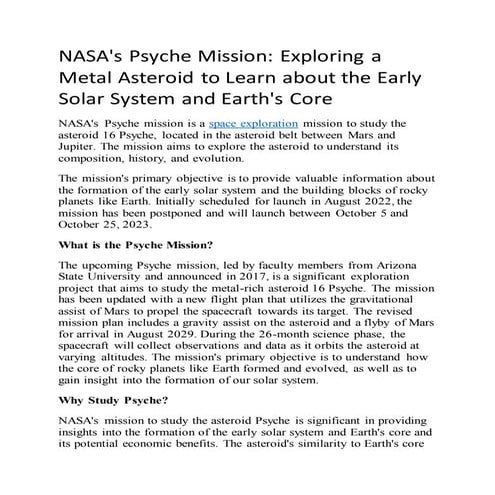 NASA's Psyche Mission: Exploring a Metal Asteroid to Learn about the ...