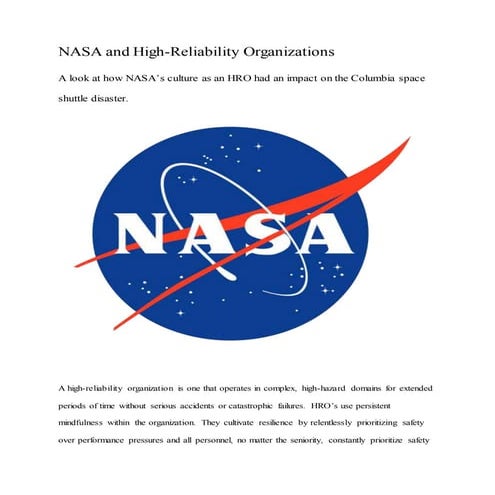 Nasa and high reliability organizations | DOCX