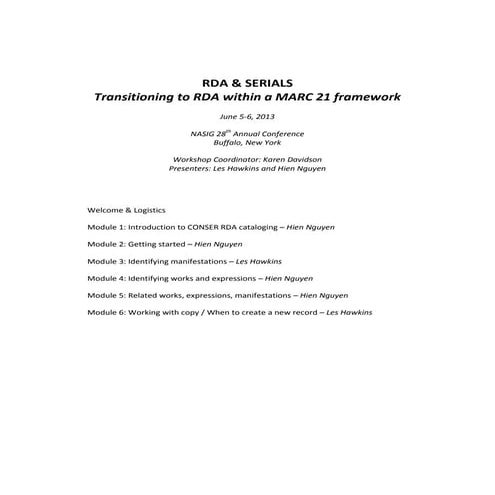 RDA & serials-transitioning to rda within a marc 21 framework-handout | PDF