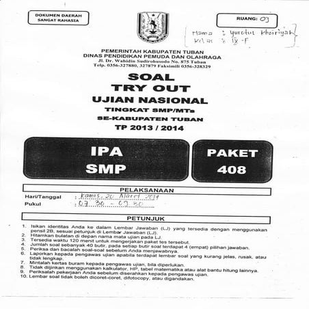 Naskah Soal Tryout Ujian Nasional IPA SMP Kab Tuban Tahun 2014 Paket 408 | PDF