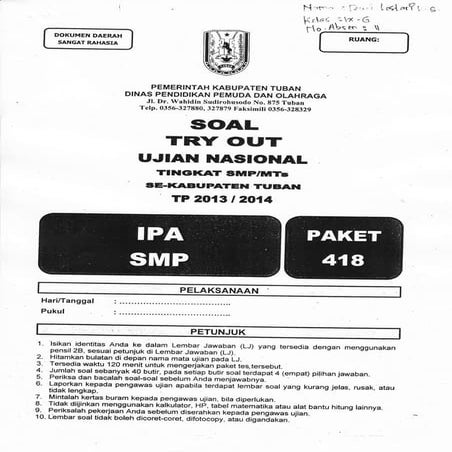 Naskah Soal Tryout Ujian Nasional IPA SMP Kab Tuban Tahun 2014 Paket 418 | PDF
