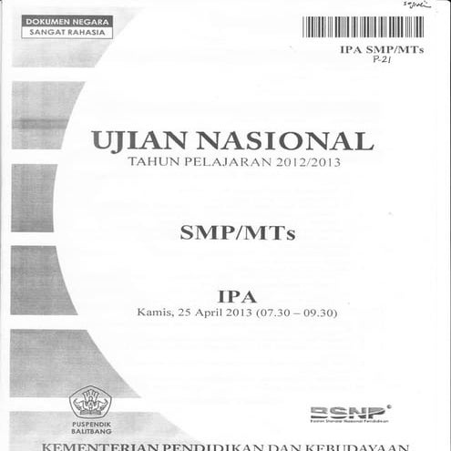 NASKAH SOAL UJIAN NASIONAL IPA SMP TAHUN 2013 PAKET-21 | PDF