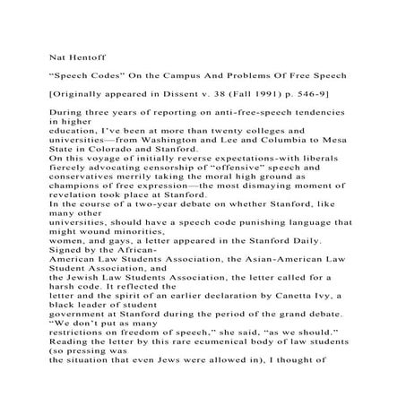 Nat HentoffSpeech Codes” On the Campus And Problems Of Free S.docx