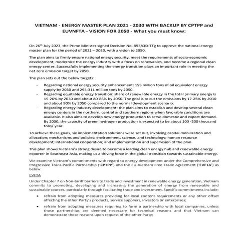 VIETNAM - ENERGY MASTER PLAN 2021 - 2030 WITH BACKUP BY CPTPP and EUVNFTA - VISION FOR 2050 ...