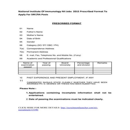 National Institute Of Immunology NII Jobs 2015 Prescribed Format To ...