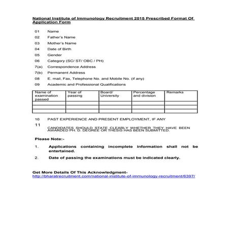 National Institute of Immunology Recruitment 2015 Prescribed Format Of ...
