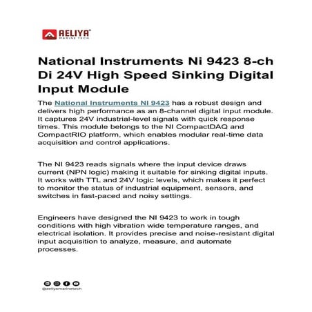 National Instruments Ni 9423 8-ch Di 24V High Speed Sinking Digital ...