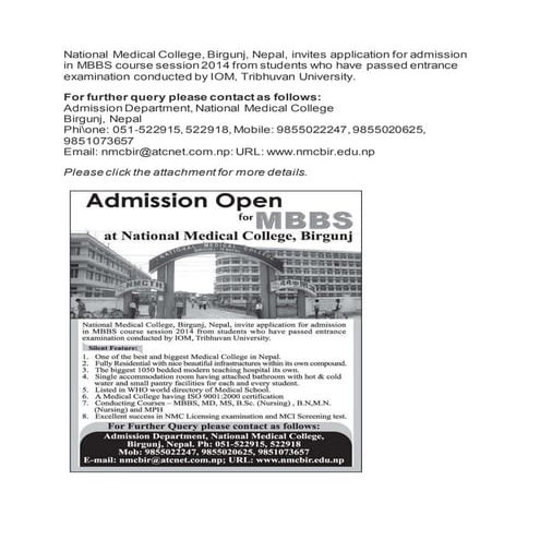 National Medical College announces admissions open for MBBS. | DOCX