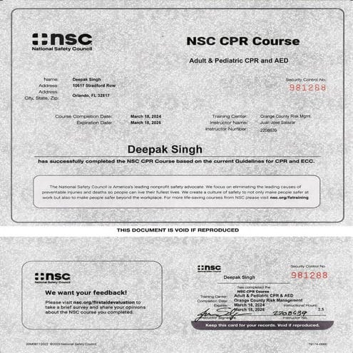 National Safety Council CPR Course of Deepak (Danny) Singh | PDF