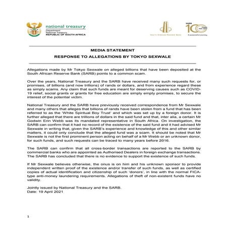 National treasury and sarb joint media statement in response to ...