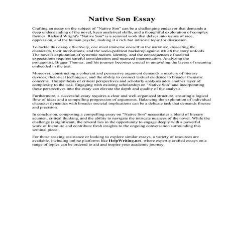 Native Son Essay. Literary Analysis of Richard Wrights Book, Native Son ...