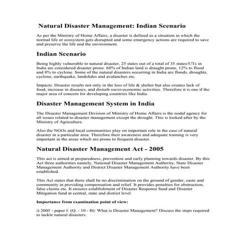 Natural disaster management indian scenario by vvr ias | DOC