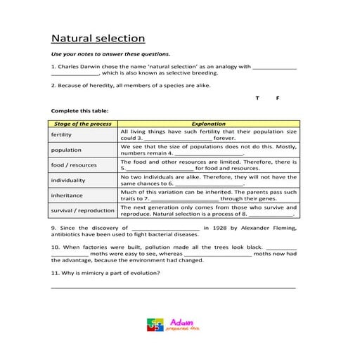 Natural selection - EAP note-taking questions | PDF