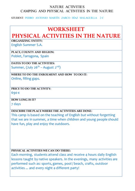 Worksheet physical activities in the nature | PDF