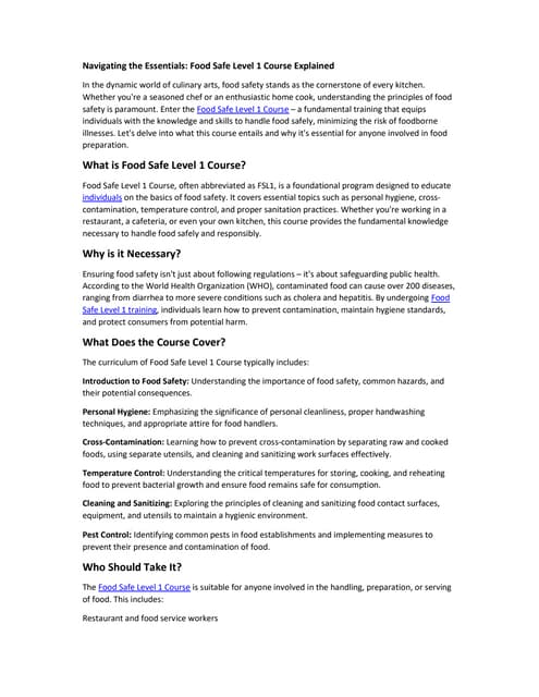Navigating The Essentials Food Safe Level 1 Course Explainedpdf
