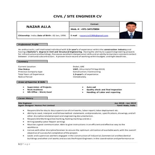 Nazar ali cv | DOCX | Civil Engineering Industry | Industries