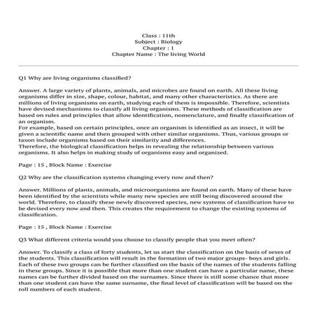 NCERT Solutions Class 11 Biology Chapter 1 The Living World | PDF