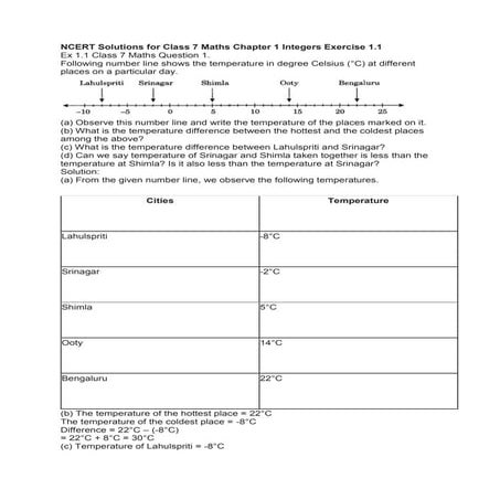 Ncert solutions for class 7 maths chapter 1 integers exercise 1 | PDF